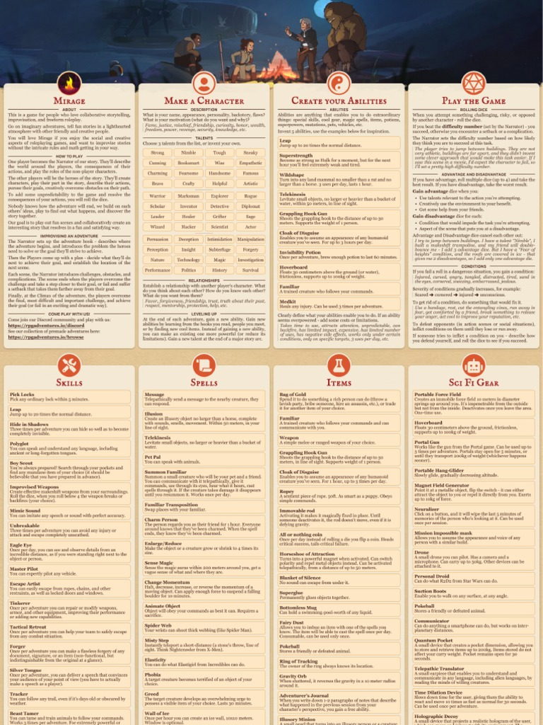 Mirage RPG - Rules-Lite Roleplay-Focused Roleplaying Game | PDF