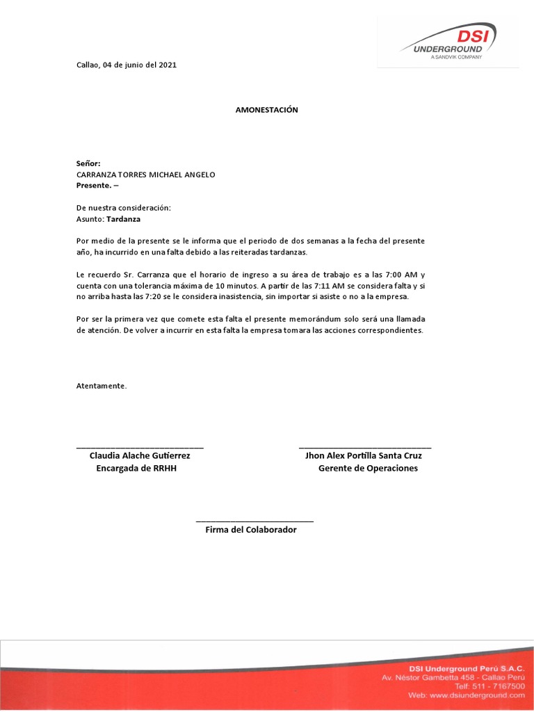 FORMATO DE AMONESTACIÓN - Tardanzas | PDF