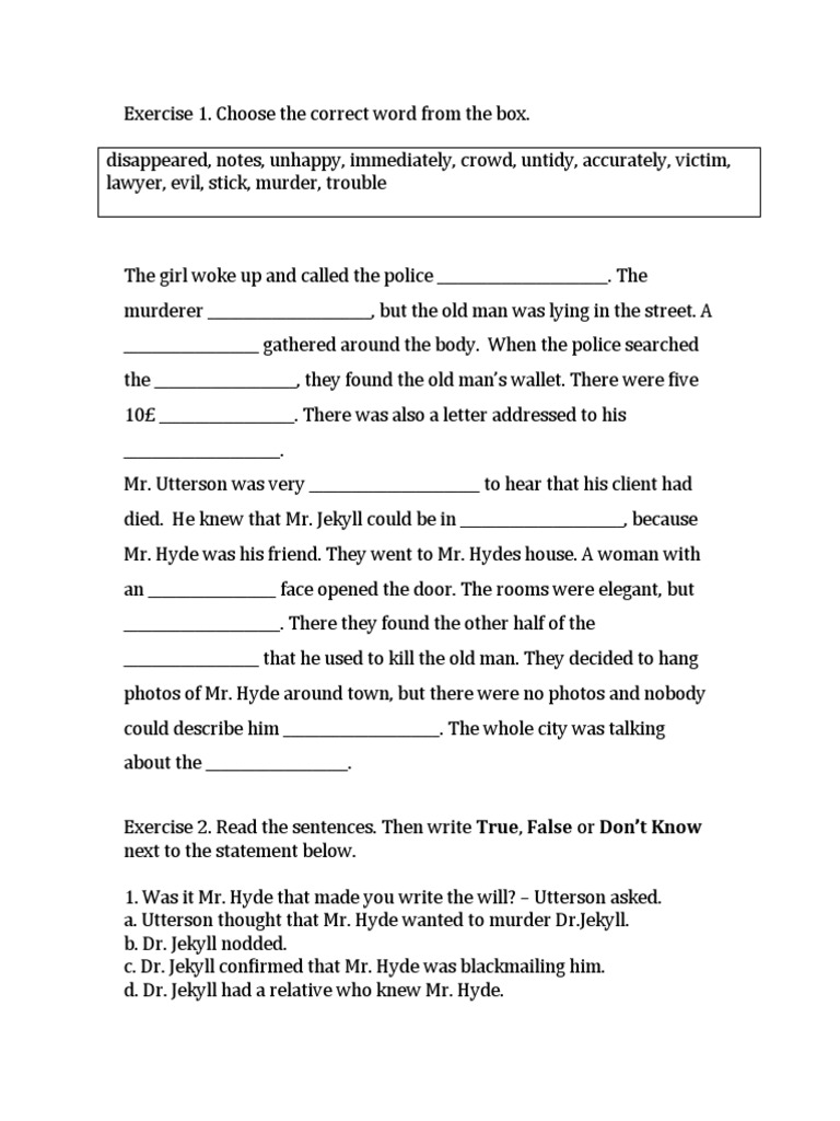 Dr. Jekyll and Mr. Hyde Chapter 3 Exercises | PDF | Mystery, Thriller ...