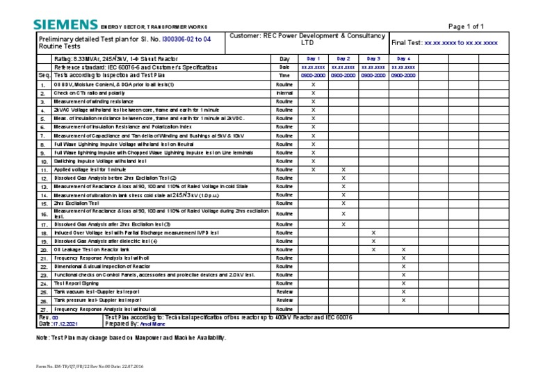 Transformer Routine Test Plan Overview | PDF | Inductor | Transformer
