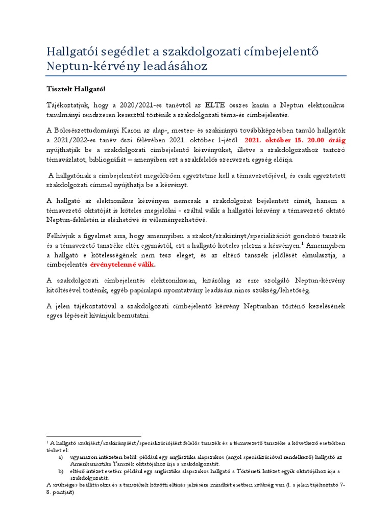 Hallgatói Segédlet A Szakdolgozati Címbejelentő Neptun Kérvény ...