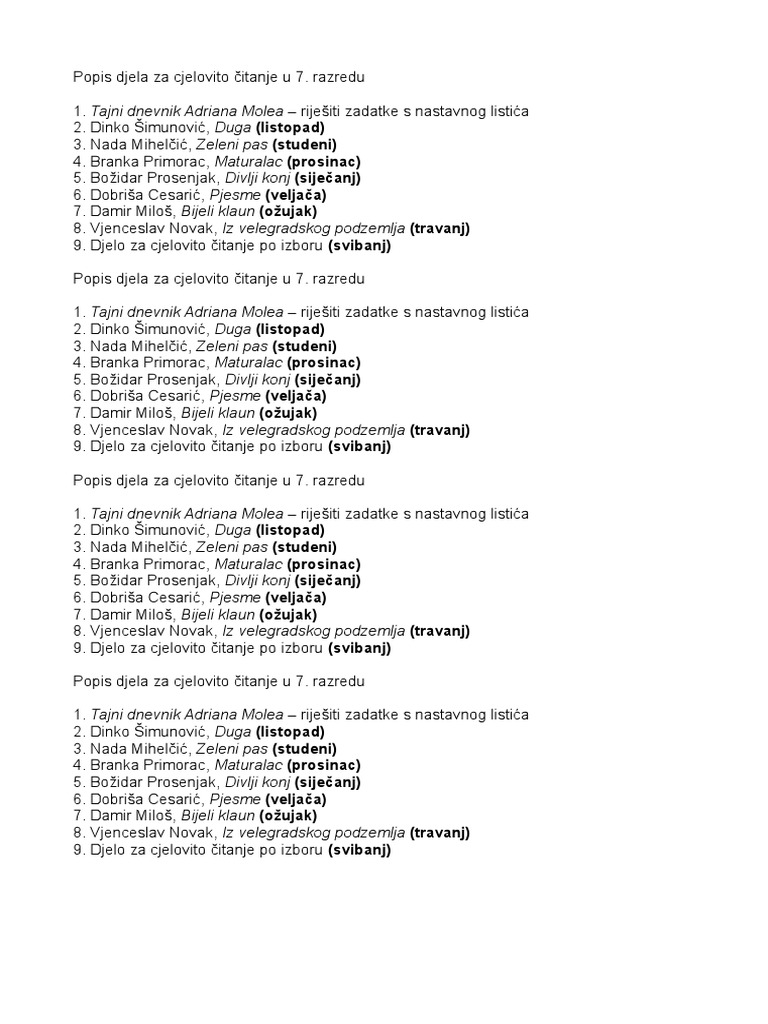 Popis Lektire Za 7. Razred, Zdenci | PDF