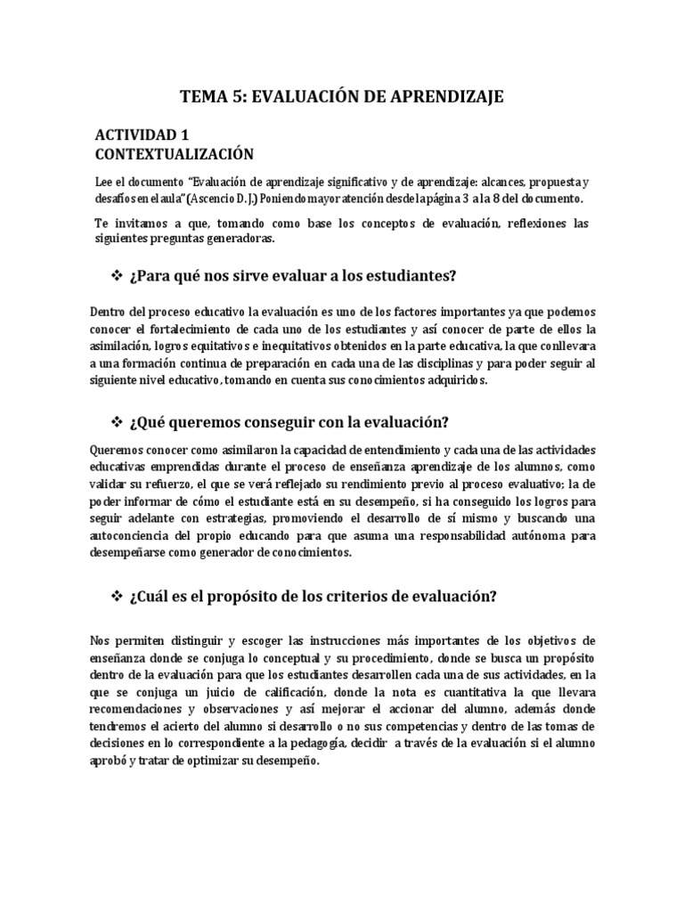 Tema 5 Evaluación Del Aprendizaje | PDF | Evaluación | Enseñando