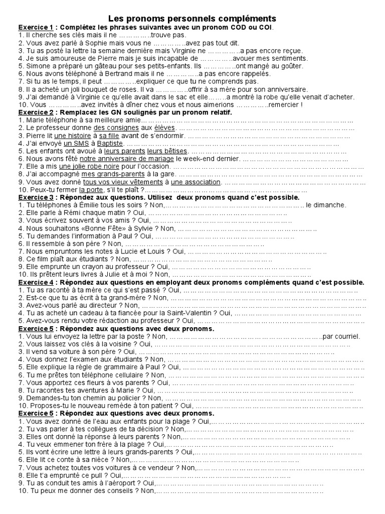 Les Pronoms Personnels Compléments Exercices | PDF | Arts du langage et ...