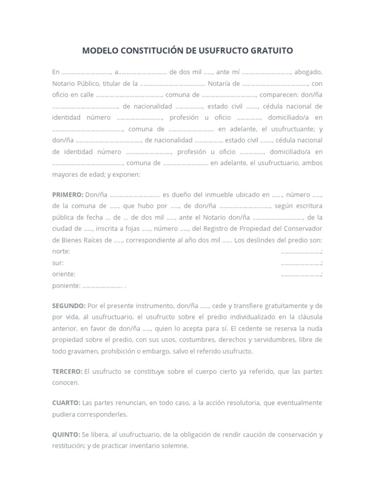 MODELO CONSTITUCIÓN DE USUFRUCTO GRATUITO | PDF | Propiedad | Ley común