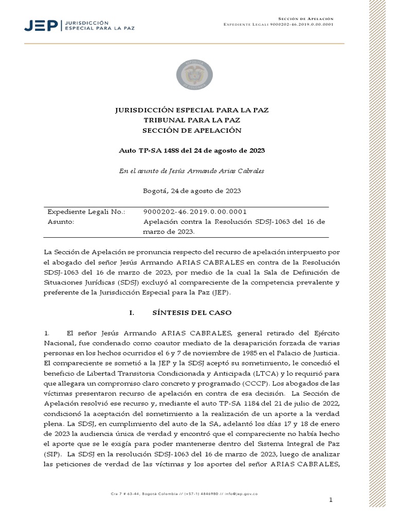 Apelación de Jesús Arias Cabrales JEP | PDF