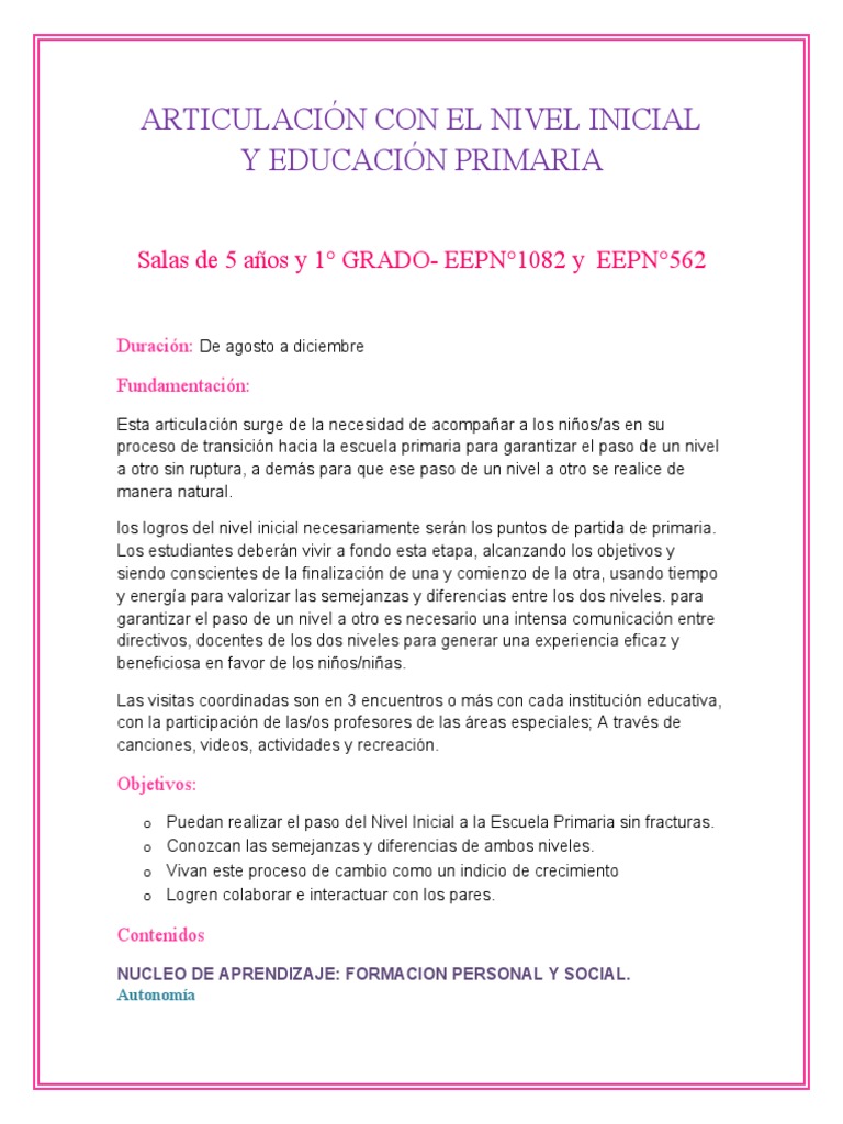 ARTICULACIÓN CON EL NIVEL INICIAL | PDF | Educación primaria ...