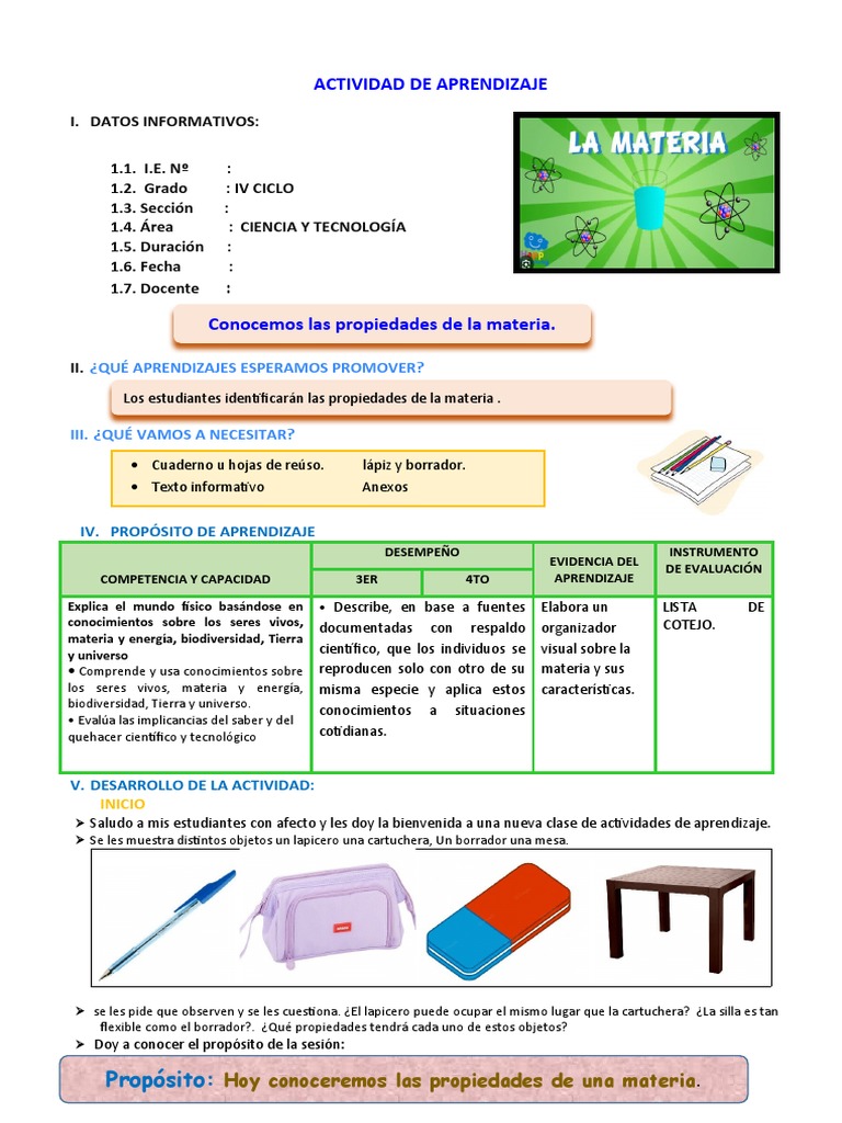 D3 A1 SESION CT. Conocemos Las Propiedades de La Materia. | PDF ...