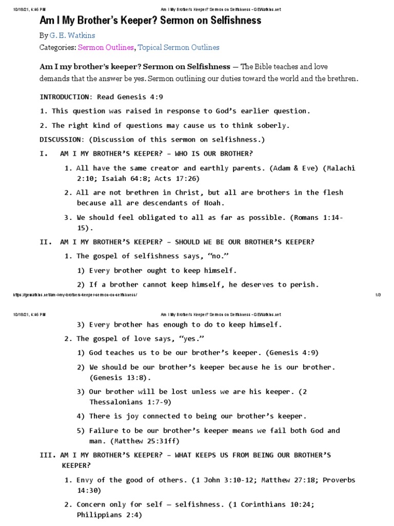 Am I My Brother's Keeper - Sermon On Selfishness | Download Free PDF ...