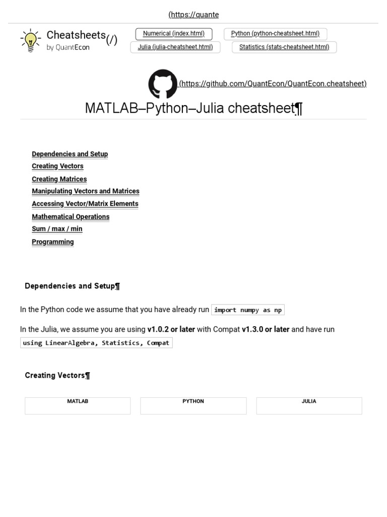 MATLAB2Python-Julia Cheatsheet | PDF | Matrix (Mathematics) | Mathematical Relations