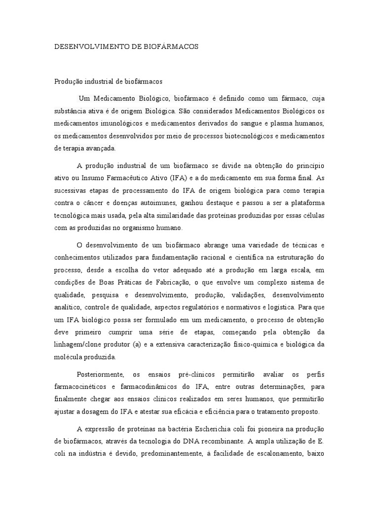 Desenvolvimento de Biofármacos | PDF | Biofarmacêutica | Célula (Biologia)