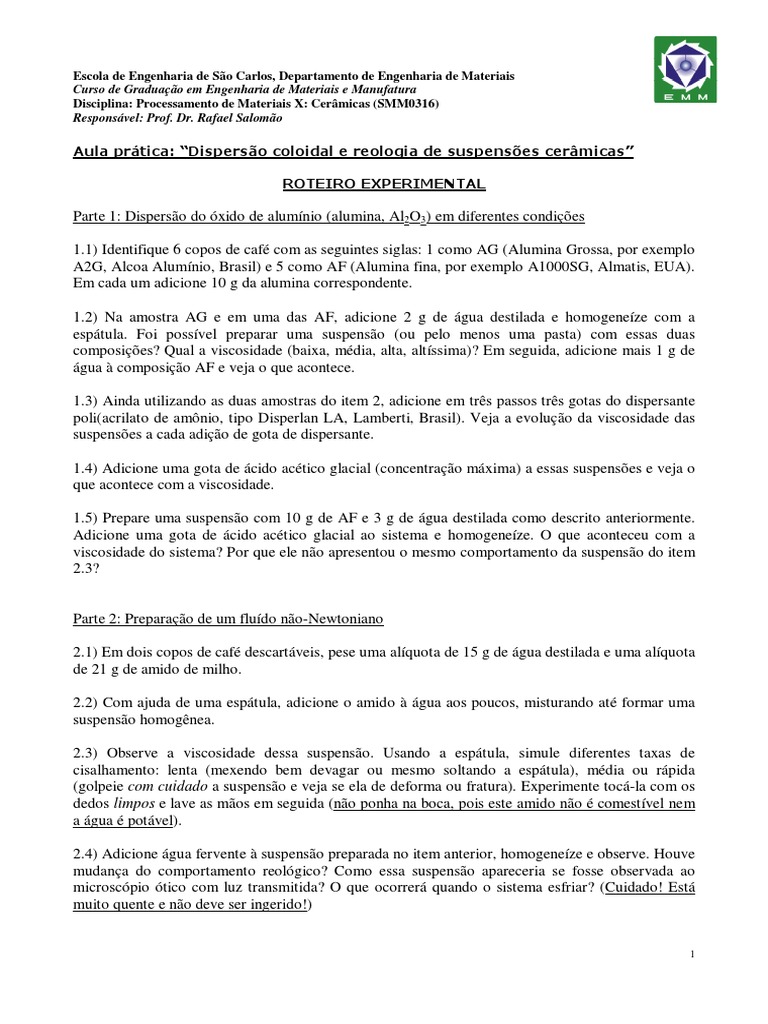 SMM0316_PMXC_RSalomão_Aula_11b_Prática_1_Dispersão_e_Viscosimetria_Roteiro_Experimental | PDF ...