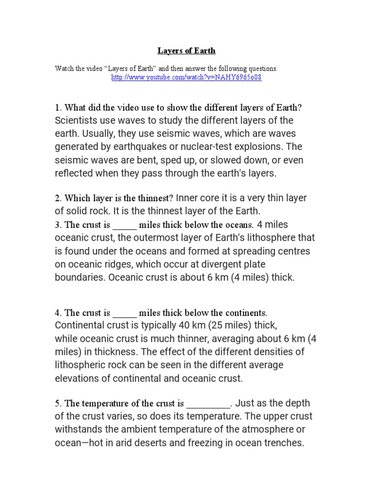 Layers of Earth Video Questions | PDF | Earth | Earth Sciences