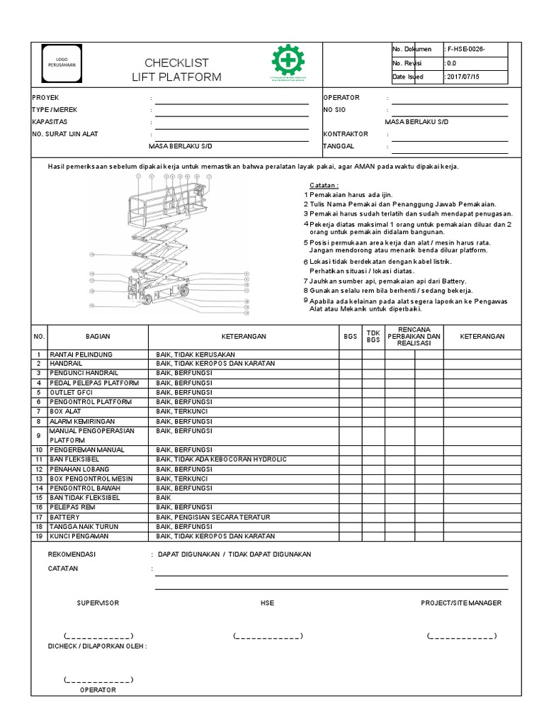 Form Checklist Inspeksi Lift Platform | PDF