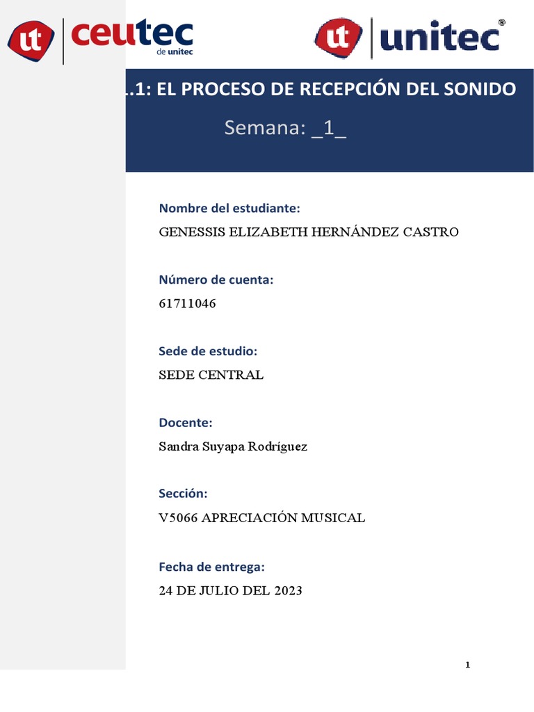 S1 - Tarea 1.1 - El Proceso de Recepción Del Sonido | PDF | Oído | Escuchando