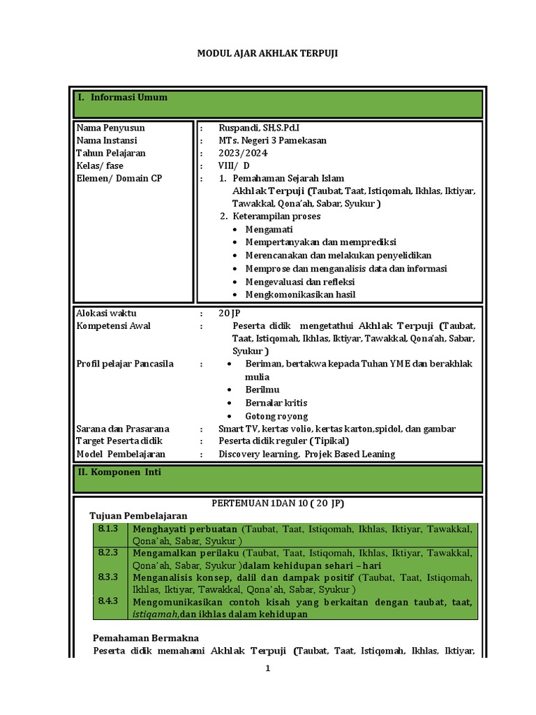 Modul Ajar Akidah Akhlak Kls Viii | PDF