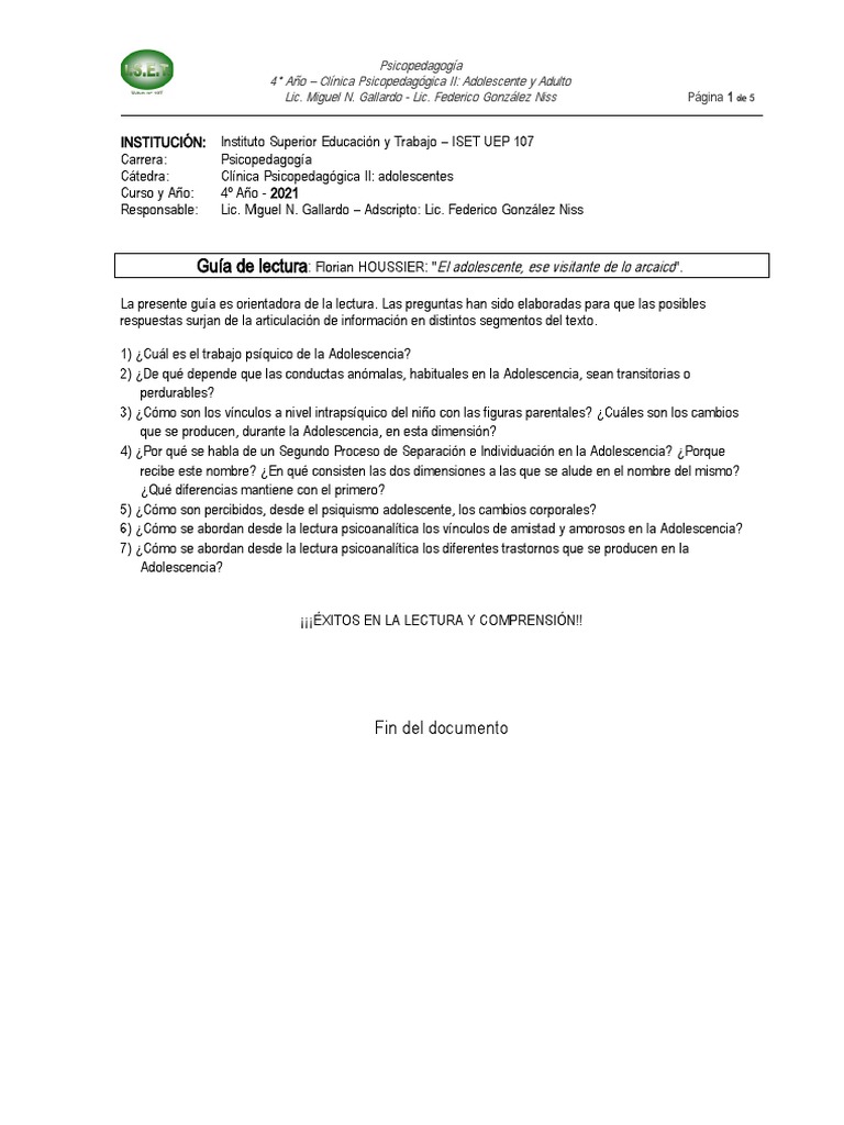 Guía de Lectura: Adolescencia y Psique | PDF