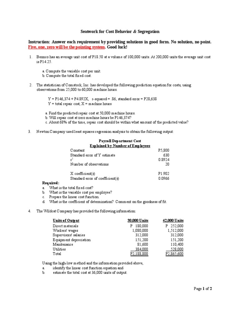 Seatwork For Cost Behavior Segregation | PDF