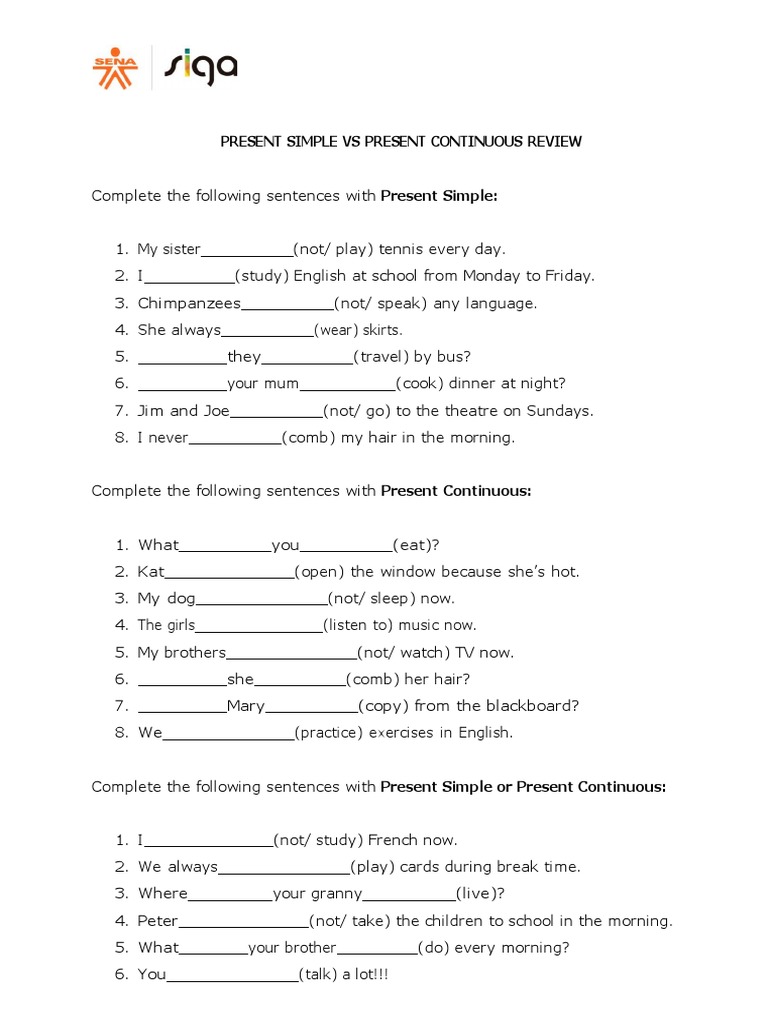 Simple Present Vs Present Continuous Exercises | PDF