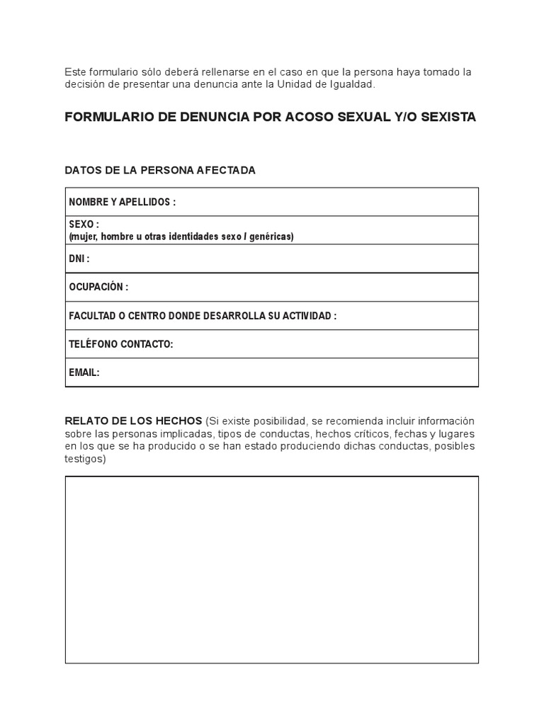 Formulario De Denuncia Por Acoso Sexual Y O Sexista 2 1 Pdf 9060