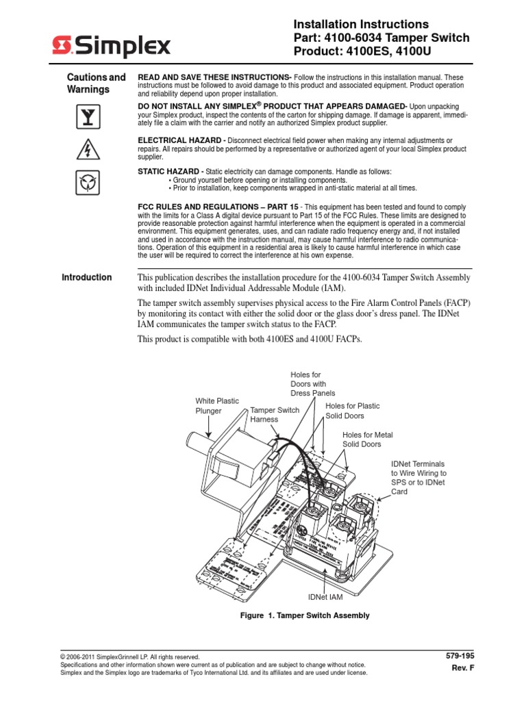 Cautions and Warnings: Installation Instructions Part: 4100-6034 Tamper ...
