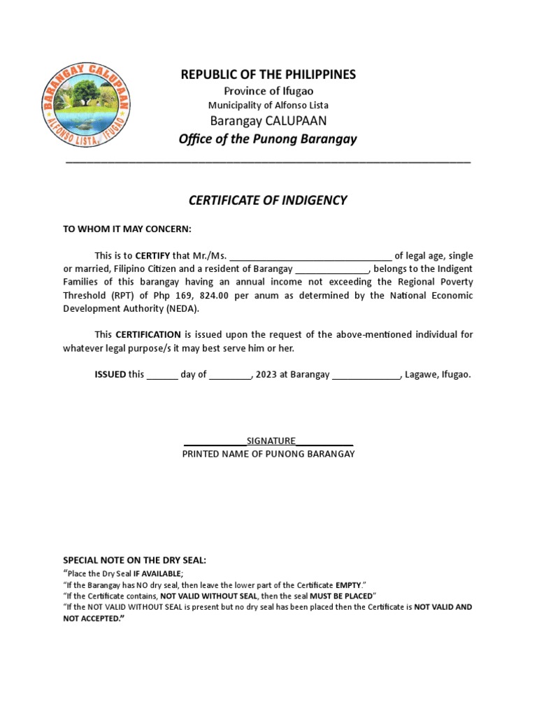 CERT.-OF-INDIGENCY-TEMPLATE | PDF