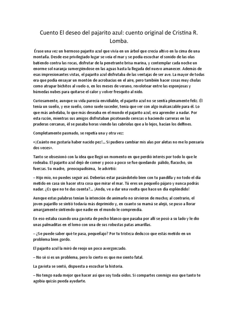 Cuento El Deseo Del Pajarito Azul | PDF | Aves