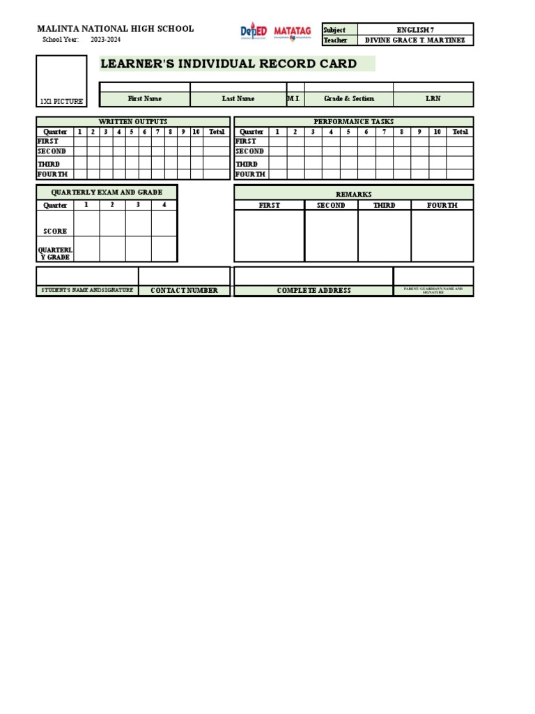 Learners Individual Record Card Excel | PDF