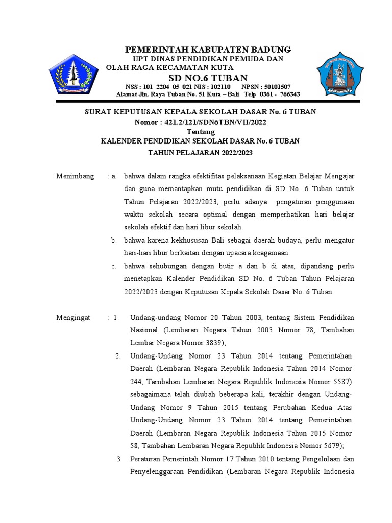 SK Kalender Pendidikan 2022'2023 | PDF | Karier & Perkembangan