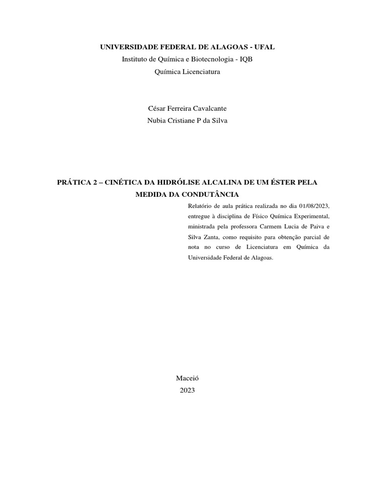 Prática 2 - Cinética Da Hidrólise Alcalina de Um Éster Pela Medida Da ...