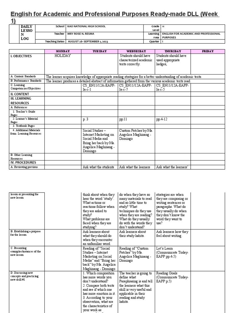Eapp DLL Week 1 | PDF | Learning | Teachers