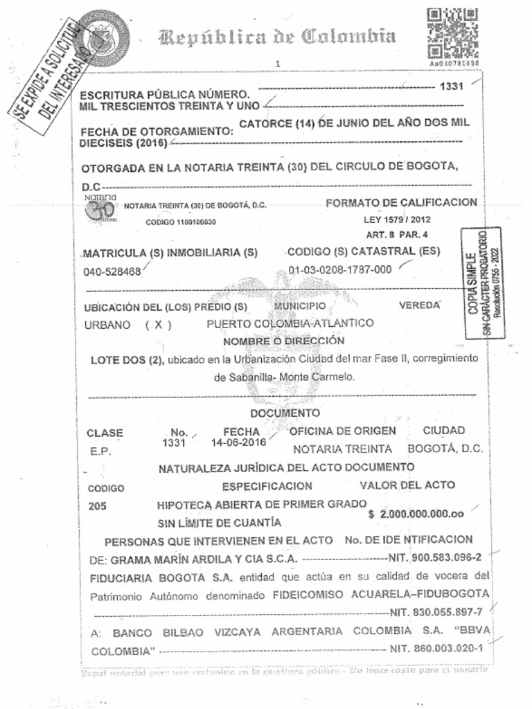 E.P 1331 Junio 14 Del 2016 Notaría 30 de Bogotá. | PDF