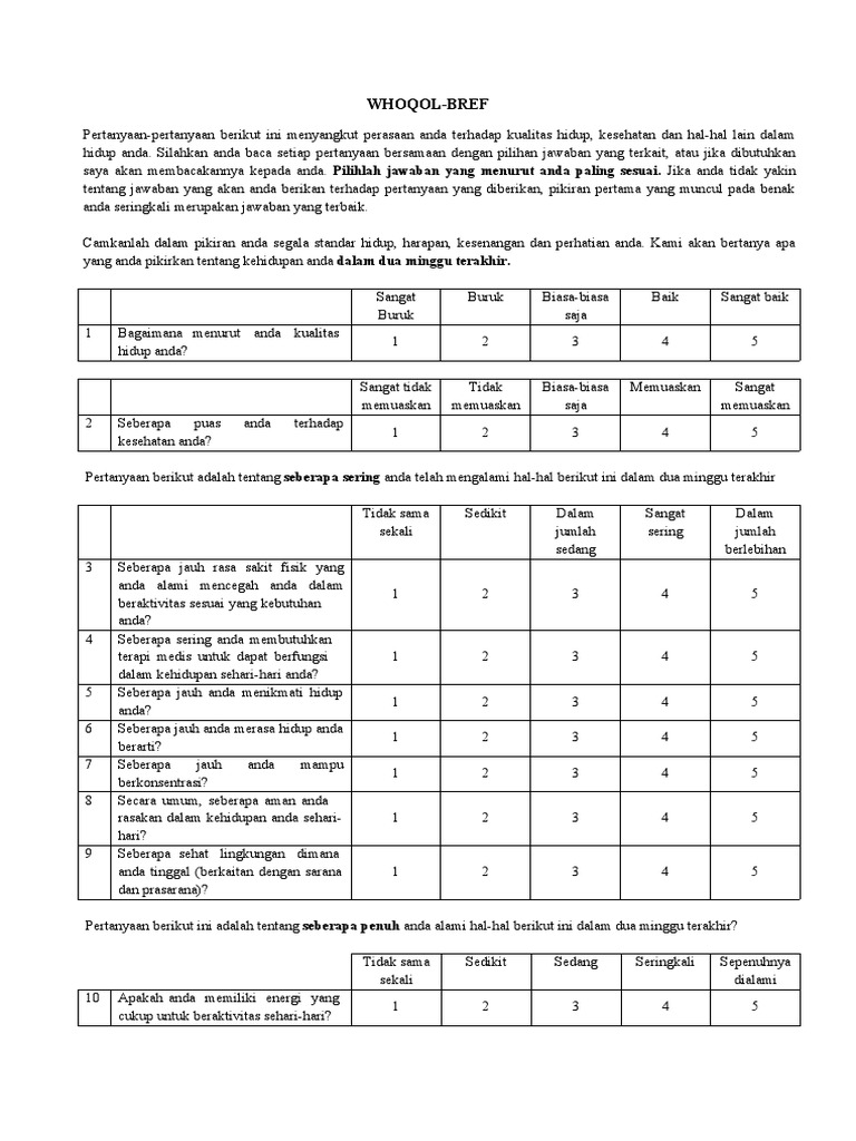Questionar - Indonesian WHOQOL-BREF | PDF