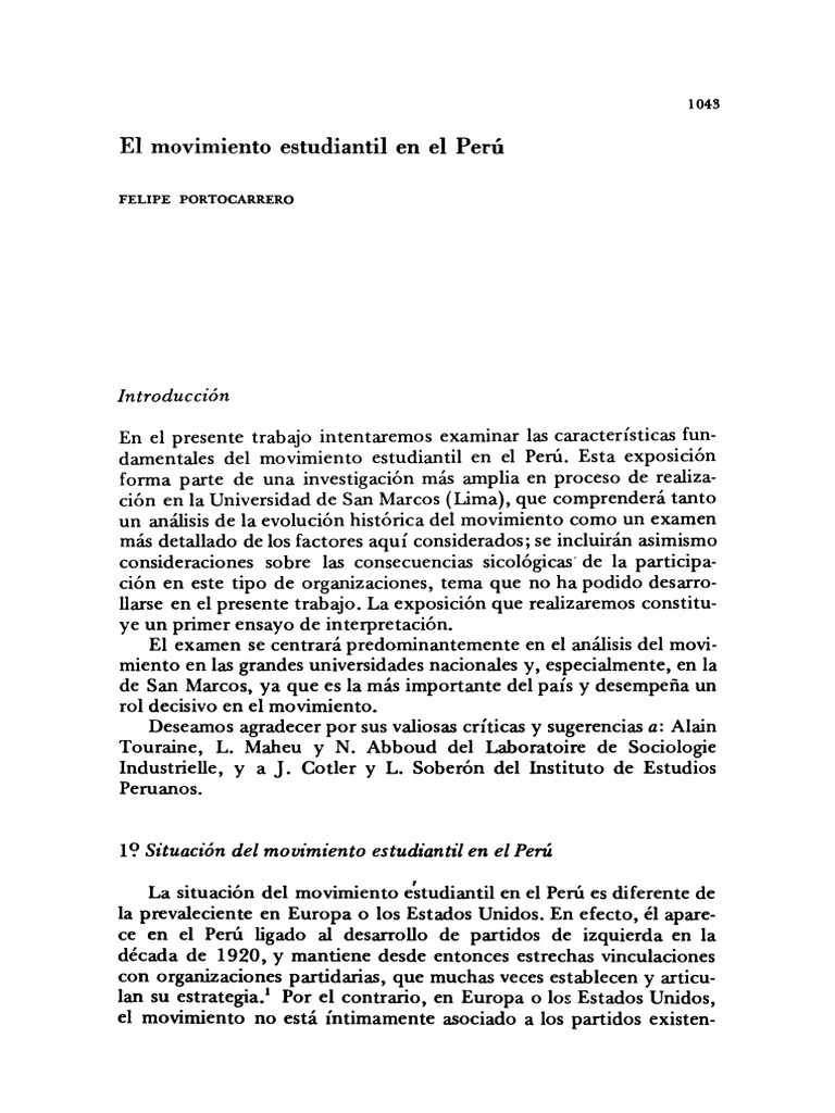 El Movimiento Estudiantil Peruano Felipe Portocarrero PDF Per 