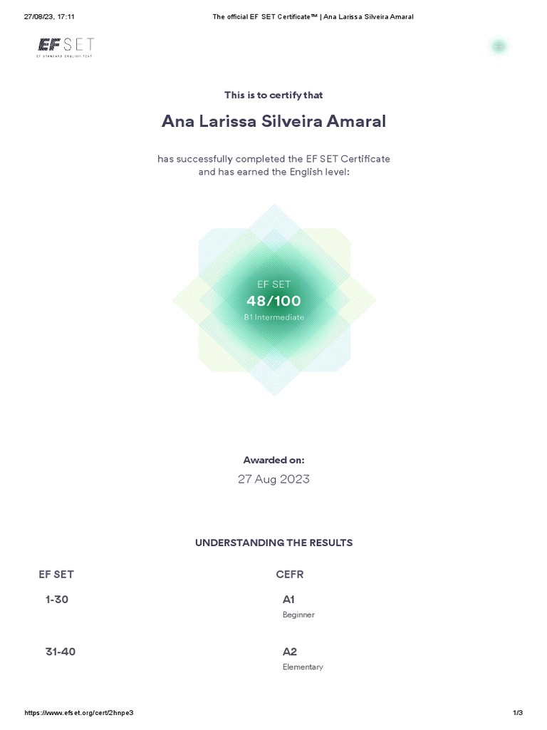 The Official EF SET Certificate™ - Ana Larissa Silveira Amaral | PDF | Language Education ...