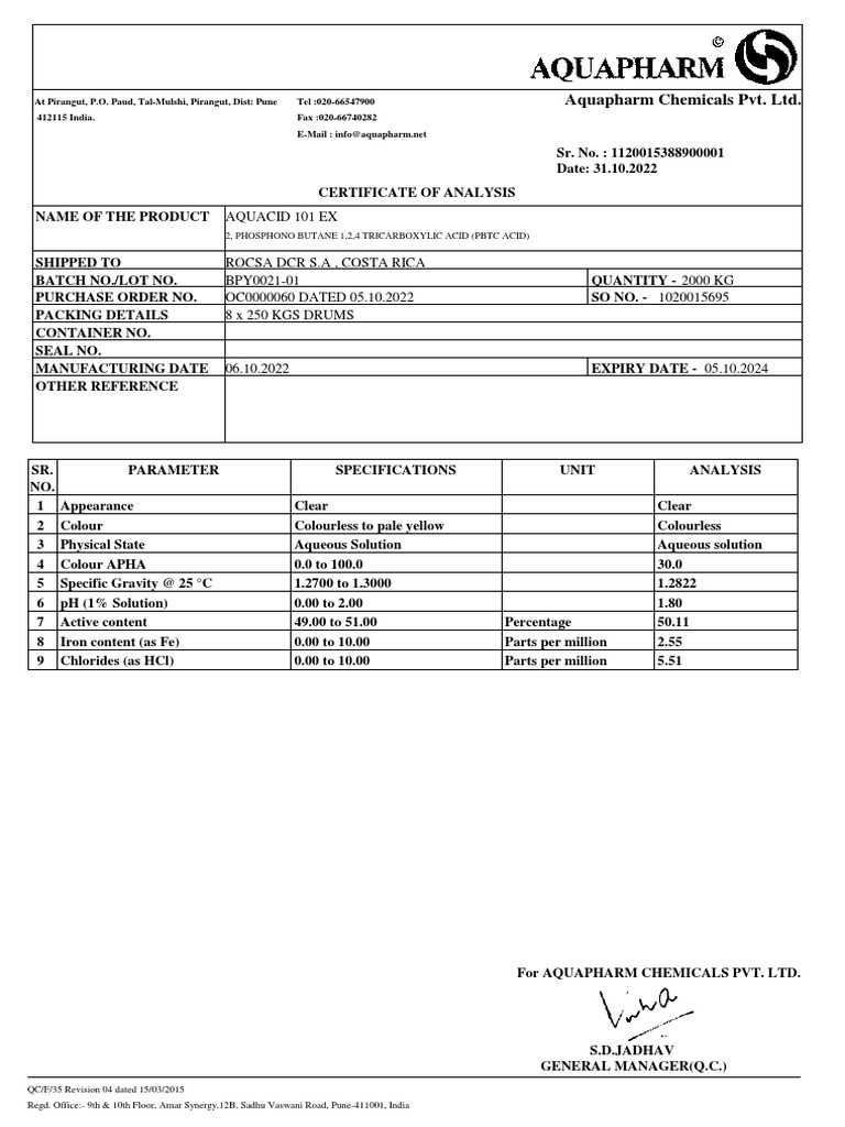 AQUACID 101 EX Lote 1020015695 & BPY0021-01 | Download Free PDF ...