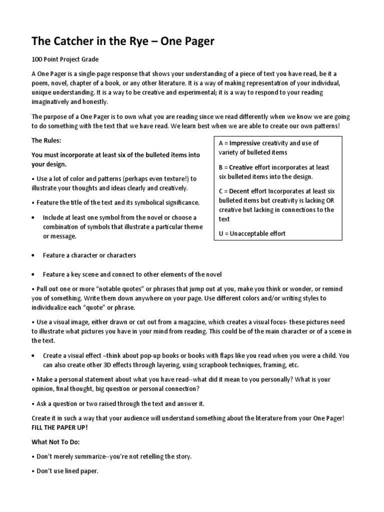 catcher_in_the_rye_one_pager_instructions | PDF | Thought | Cognitive ...
