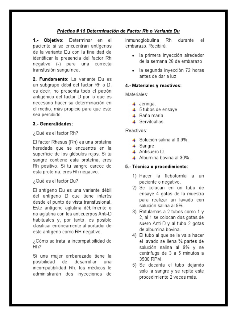 Práctica #15 Determinacion de RH o Variante Du. | PDF | Anatomia animal | Tejido (biología)