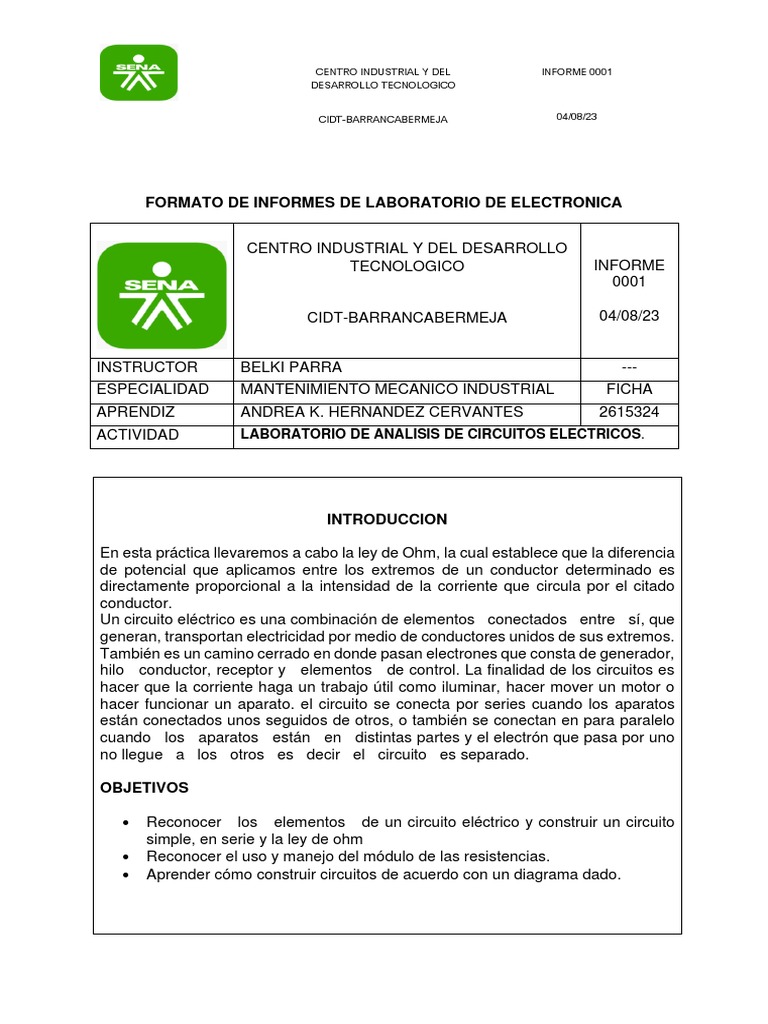 Informe de Electricidad | PDF | Corriente eléctrica | Resistencia Eléctrica y Conductancia