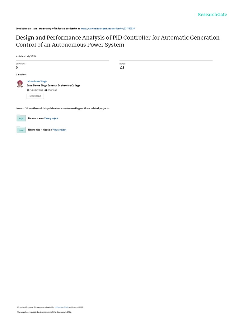 Design And Performance Analysis Of Pid Controller For Automatic