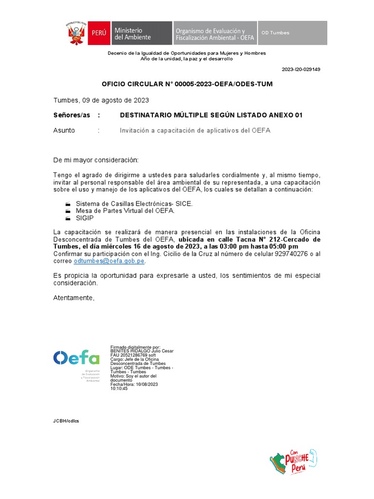 Oficio Circular 05-2023-Oefa-Odes-Tum | PDF