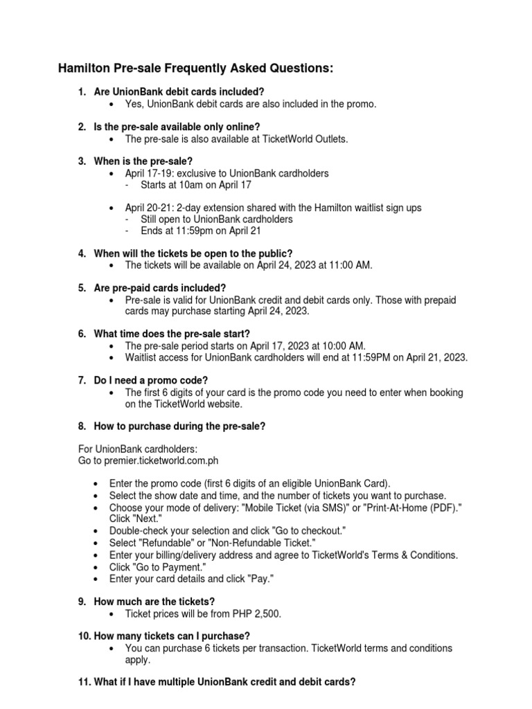 Hamilton Pre-Sale UnionBank FAQs | PDF
