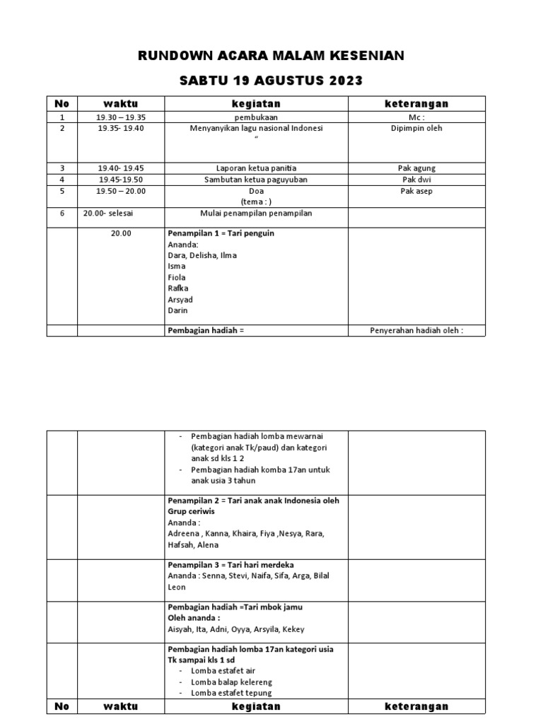 Rundown Acara Malam Kesenian | PDF