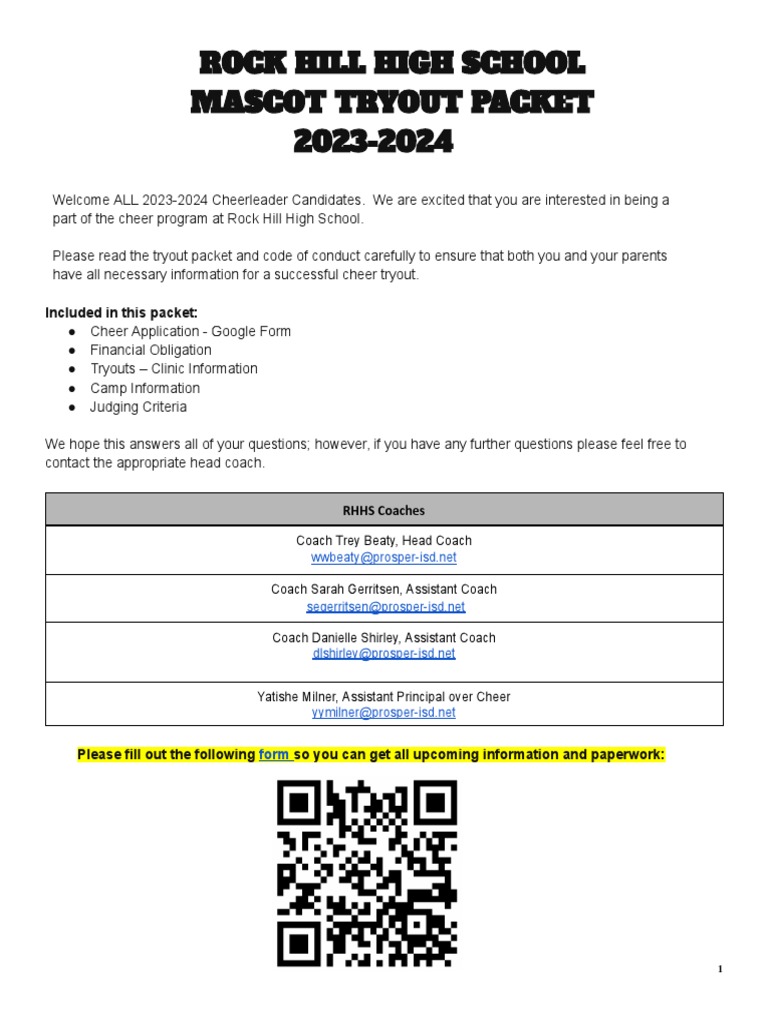 2023-24 ROCK HILL MASCOT TRYOUT PACKET | PDF | Cheerleading