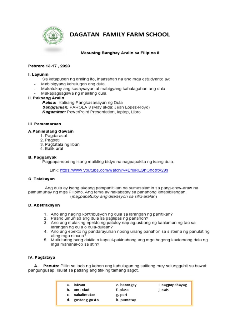 Lesson Plan in Filipino 8 Kaligirang pangkasanayan sa Dula w2 | PDF