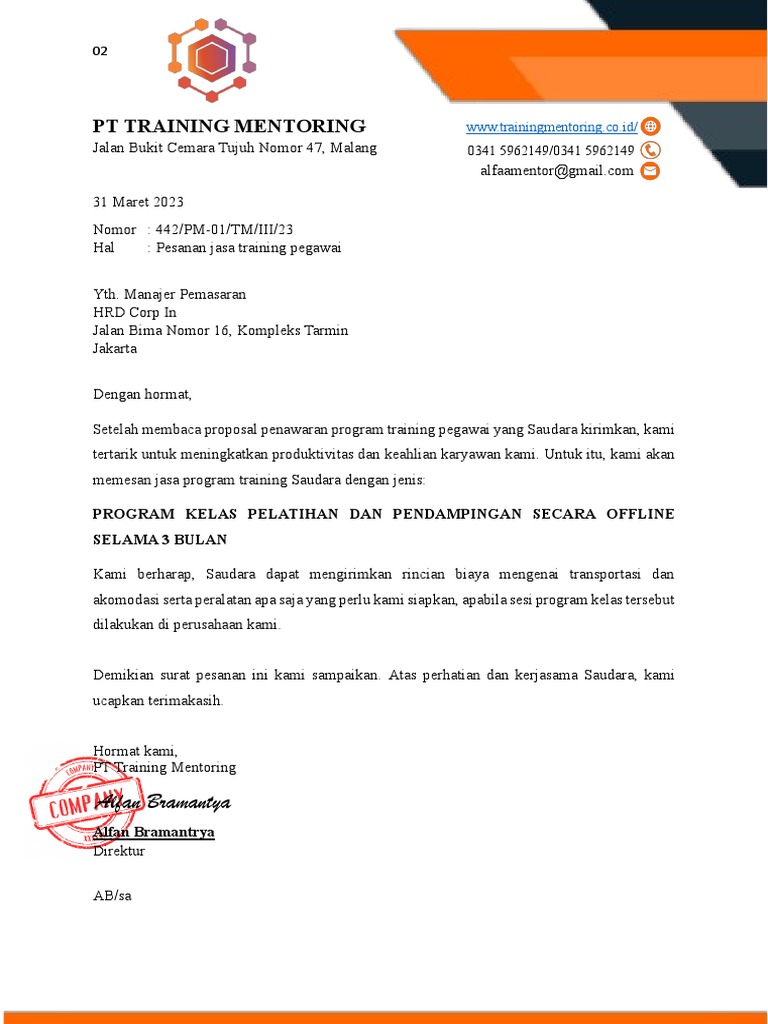 Surat Bahasa Indonesia PT Training Mentoring | PDF