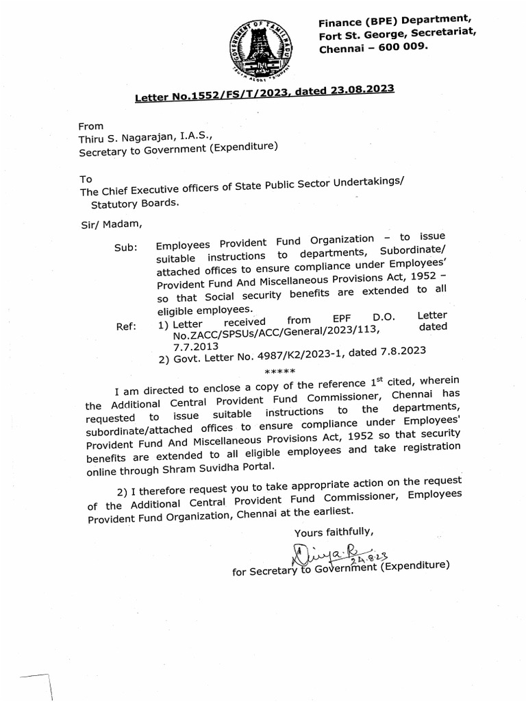Letter No.1552 Dated 23.8.2023 EPFO | PDF