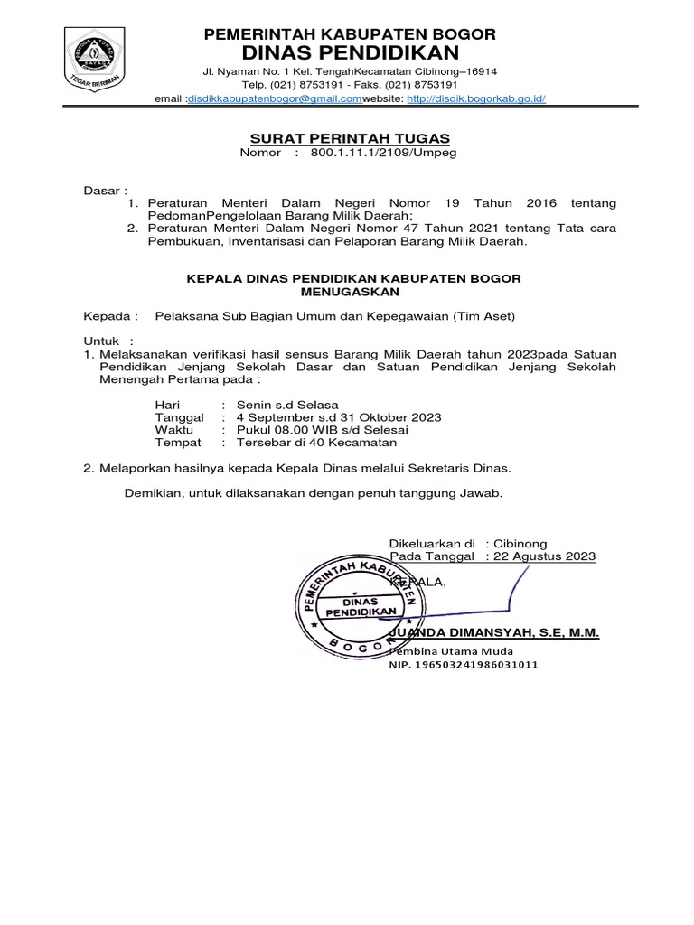 Surat Tugas Verifikasi Hasil Sensus BMD Tahun 2023 | PDF