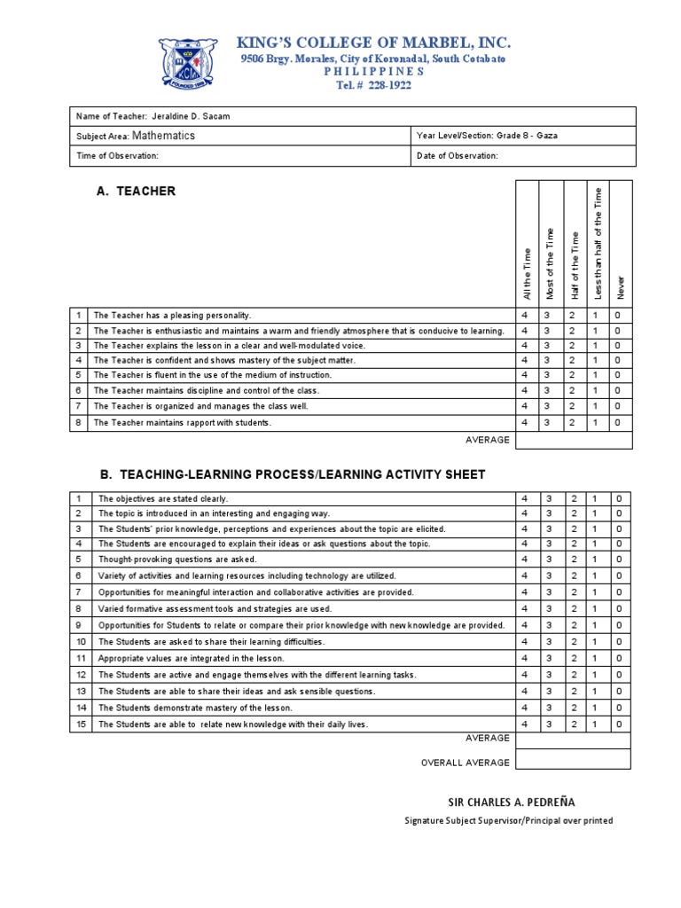 Evaluation Sheet Classroom Observation. | PDF | Teachers | Human ...