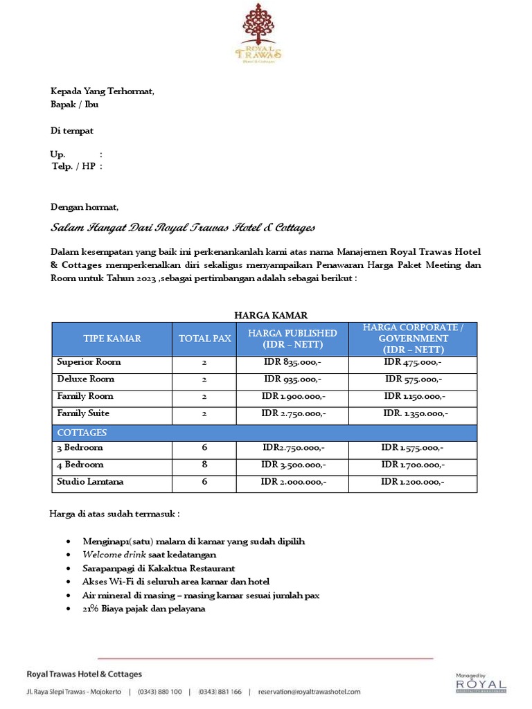 Quotation Royal Trawas Hotel & Cottages 2 | PDF